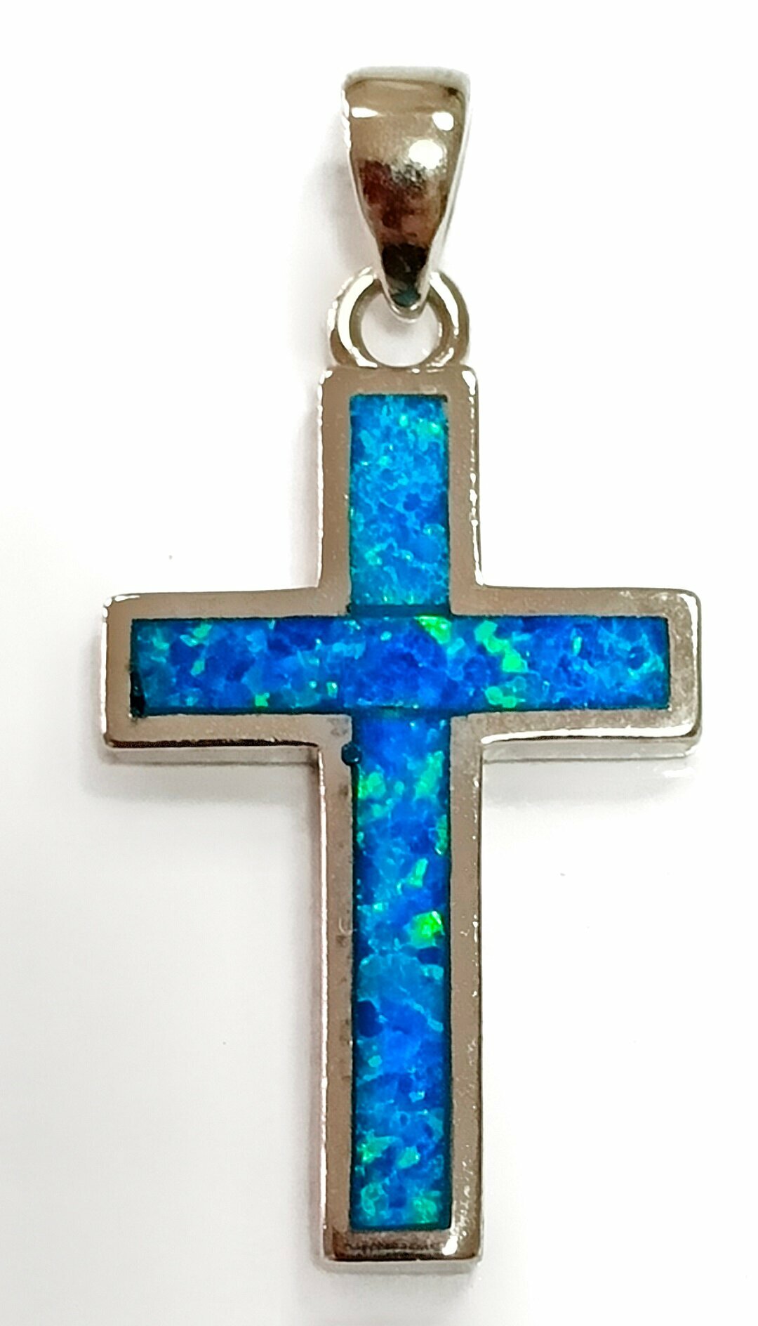 Крестик, серебро, 925 проба, родирование, опал синтетический