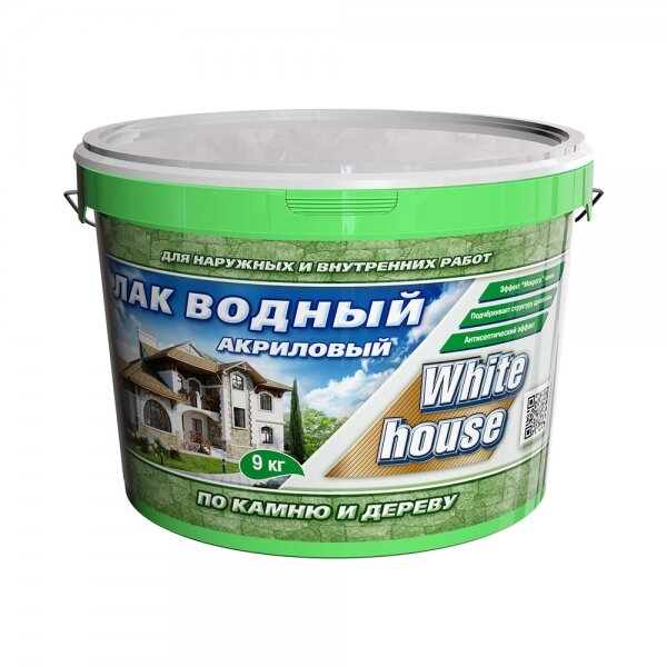 Лак Водный по Дереву и Камню White House 9кг Тик, Полуглянцевый для Внутренних и Наружных Работ.