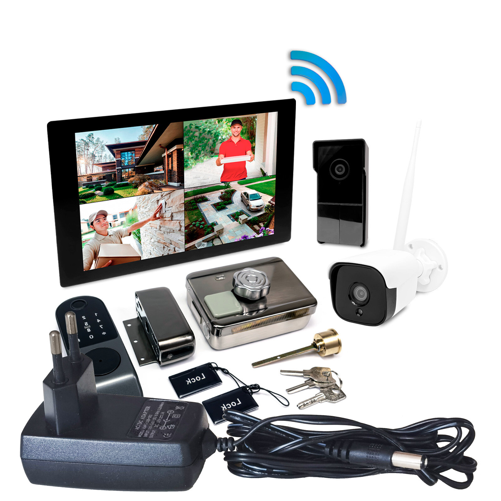 Беспроводной видеодомофон с камерой и биометрическим замком - SkyNet (1+1+SL-812) 1000 (Y12482YKS): Wi-Fi HD монитор 10 дюймов, вызывная панель для