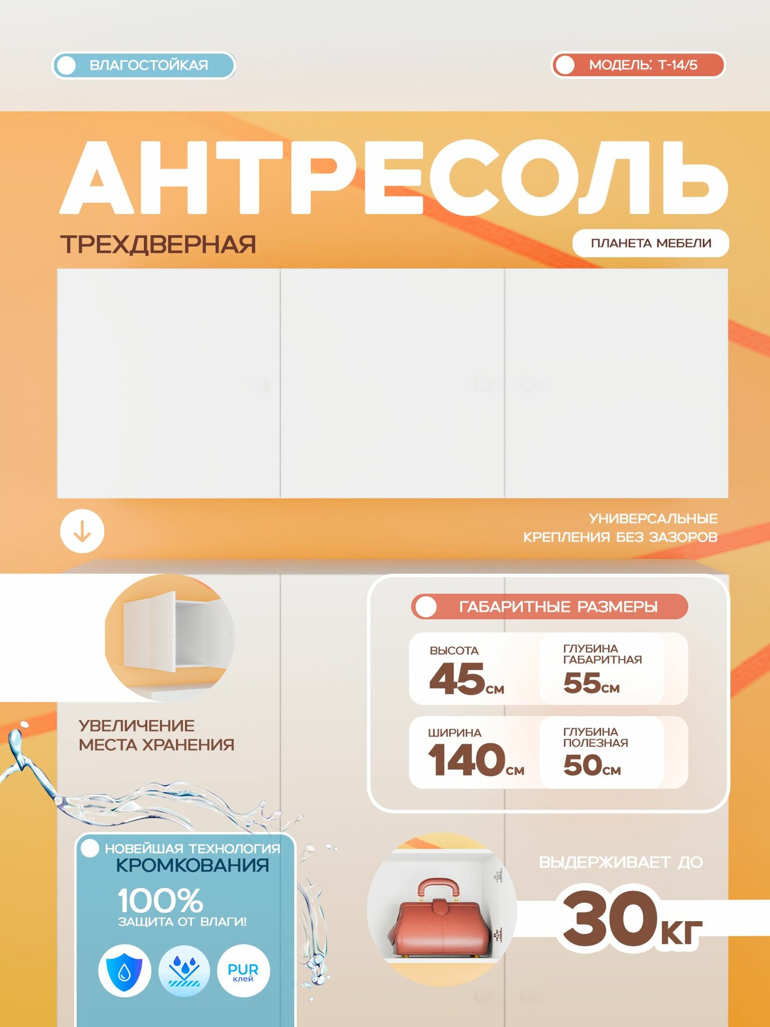 Антресоль 3-х створчатая - "Протей" (140х55х45см), для распашного шкафа, верхняя антресоль белого цвета t-14/5