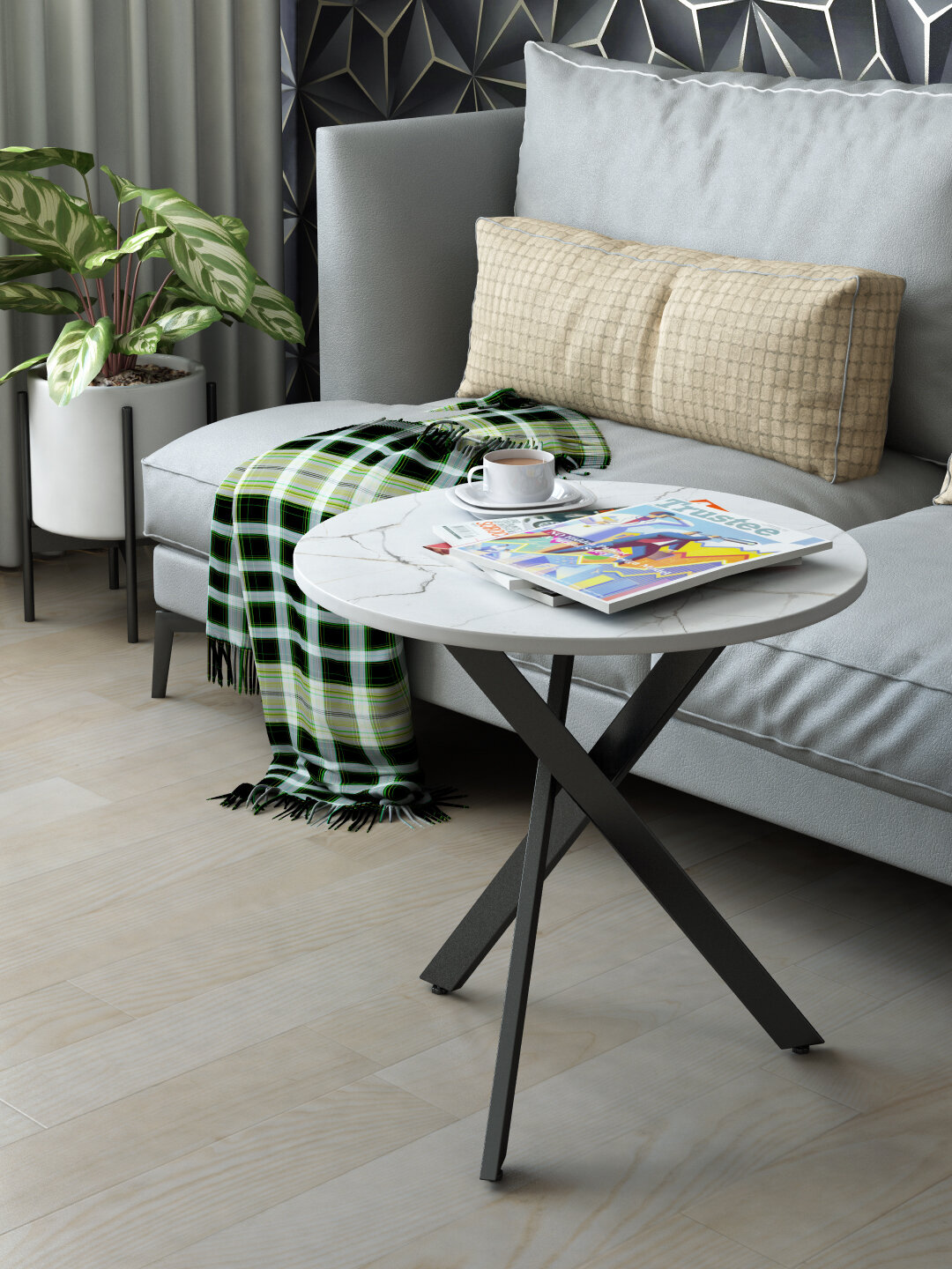 Приставной журнальный стол Олимп белый мрамор/черный