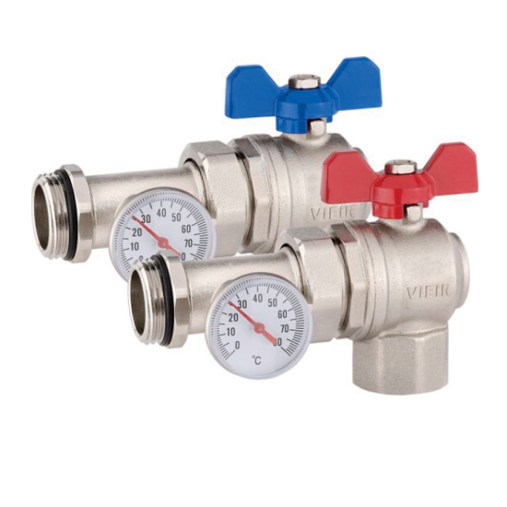 ViEiR Кран коллекторный угловой со сгоном с термометром 1" (VR1105) красный+синий