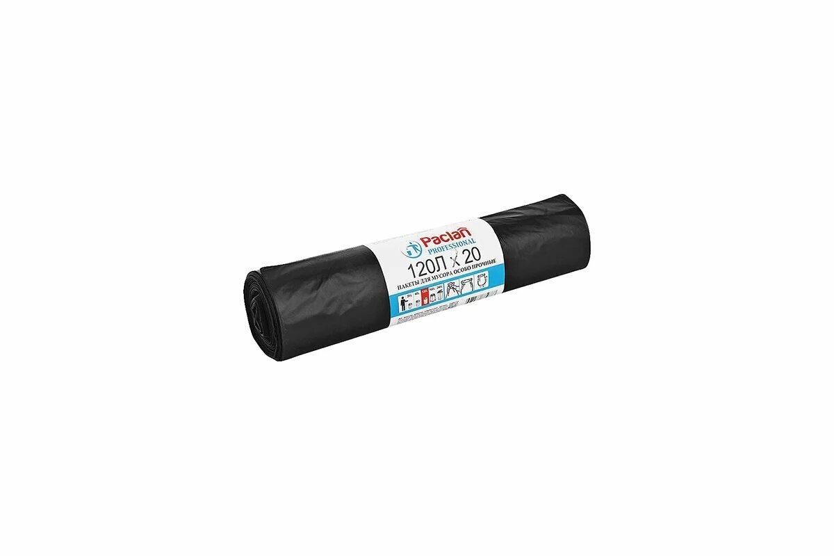 Paclan 606337 Мешки для мусора 70x110 см 120 л ПВД 40 мкм черные 20 шт для дома и офиса