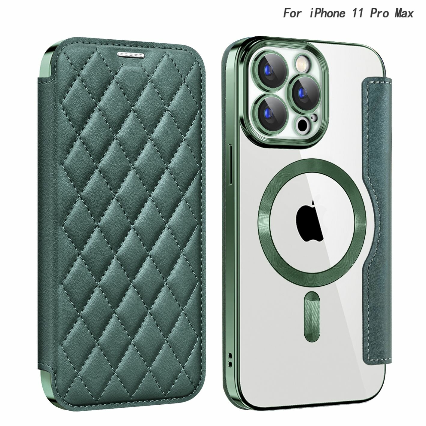 Чехол-книжка с MagSafe (магсейф) для iPhone 11 Pro Max / Чехол книжка с гальваническим для айфон 11 Про Макс /с защитой камеры, противоударный/зеленый
