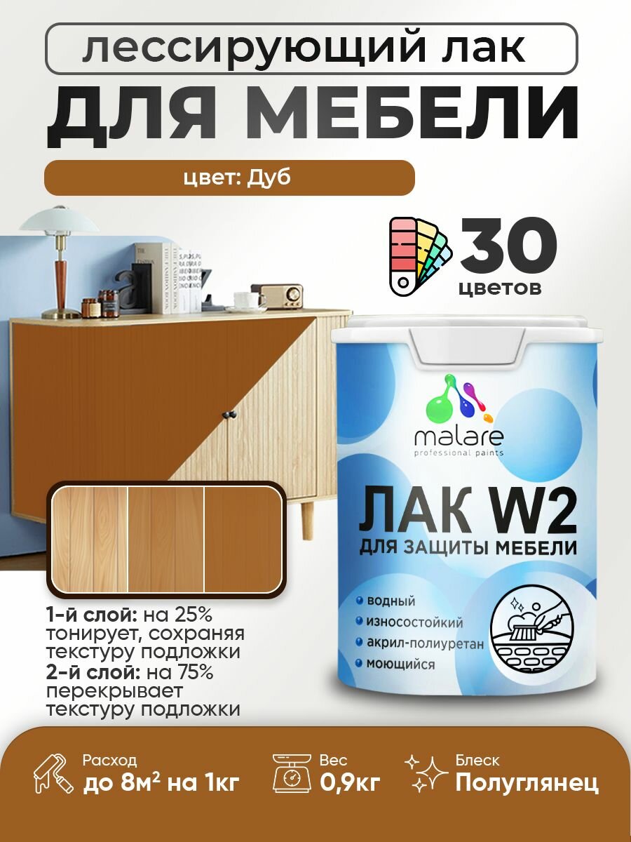 Лак колерованный тонирующий лак для мебели Malare W2 для кухонных фасадов, для дерева и минеральных поверхностей, акриловый быстросохнущий без запаха, полуглянцевый, дуб, 0.9 кг.