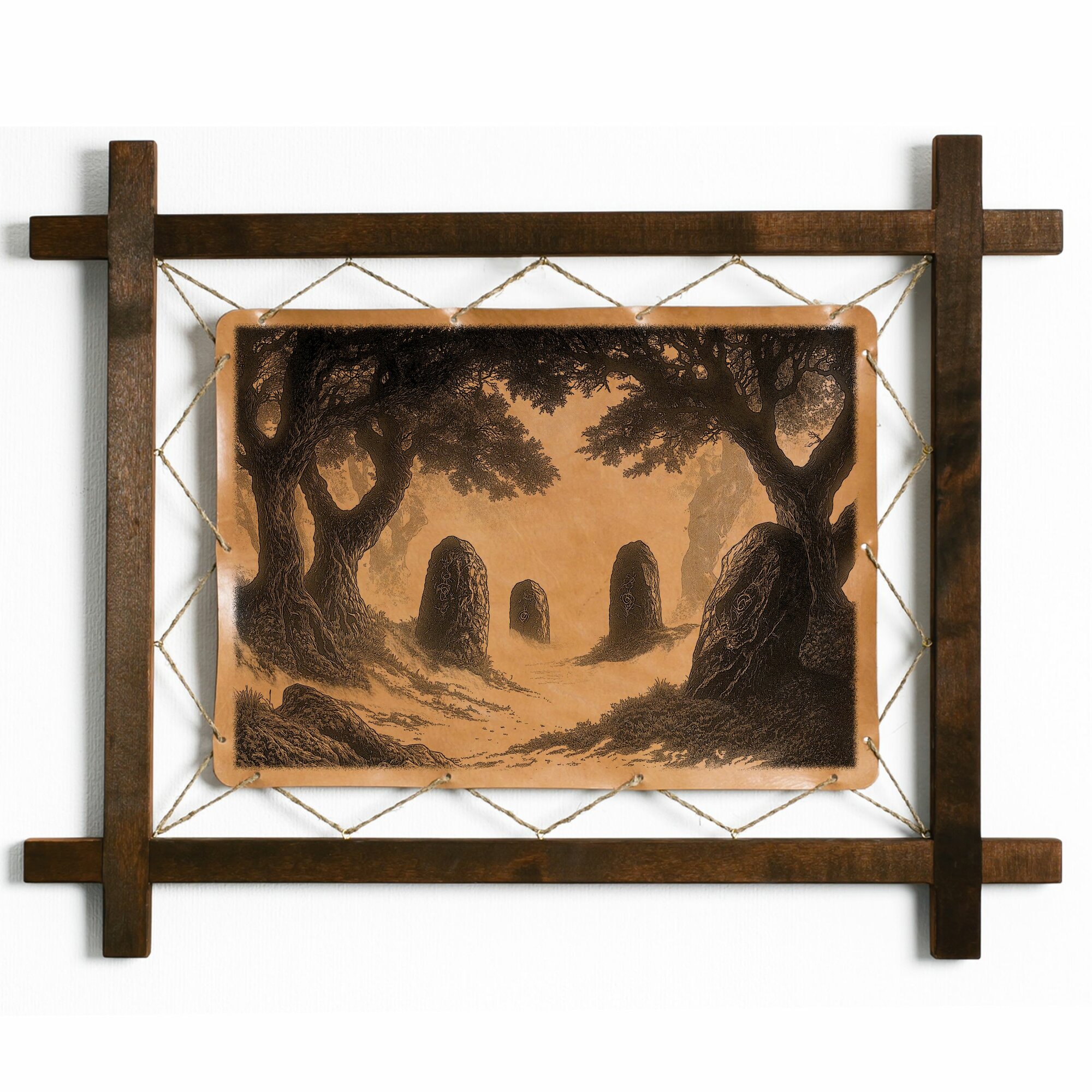 Картина интерьерная, натуральная кожа, "Кельтский лес с магическими камнями", в деревянной раме, BoomGift