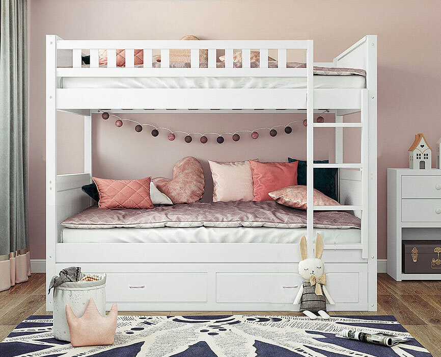 Кровать для двух детей "ария", 80 см x 190 см, белая, ортопедическое дно, с ящиками на направляющих