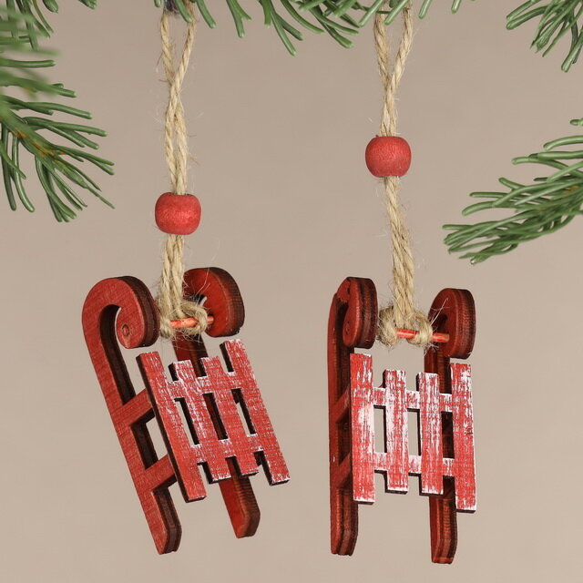 Деревянная елочная игрушка Красные Санки 6 см, 2 шт, подвеска, Breitner, 22-2365-набор