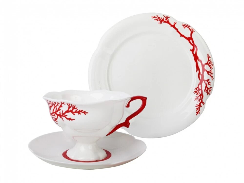 Трехпредметный чайный сервиз "Коралл" форма Наташа, Императорский фарфоровый завод