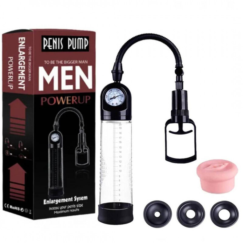 Помпа мужская вакуумная механическая с манометром и 4-мя насадками-уплотнителями