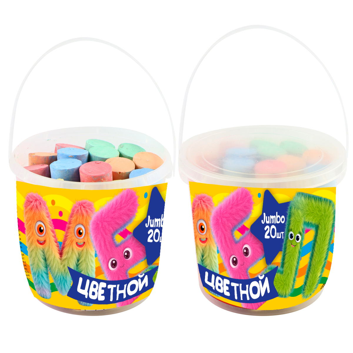 Мелки цветные утолщенные "FUNGURU", 20 шт, диаметр 2,5 см, ведро с ручкой