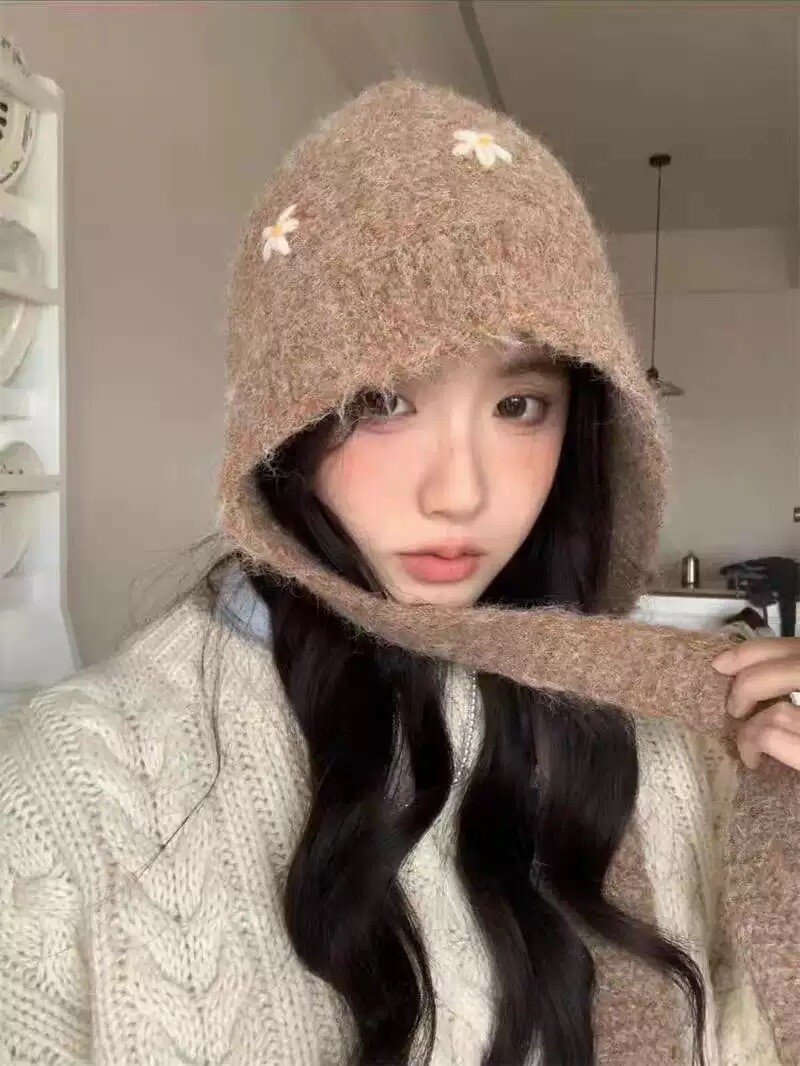 Тканевая этикетка Красная Шапочка осень и зима вязаный капюшон в корейском стиле небольшой шарф теплая шерстяная шапка модная универсальная вязаная шапка для женщин