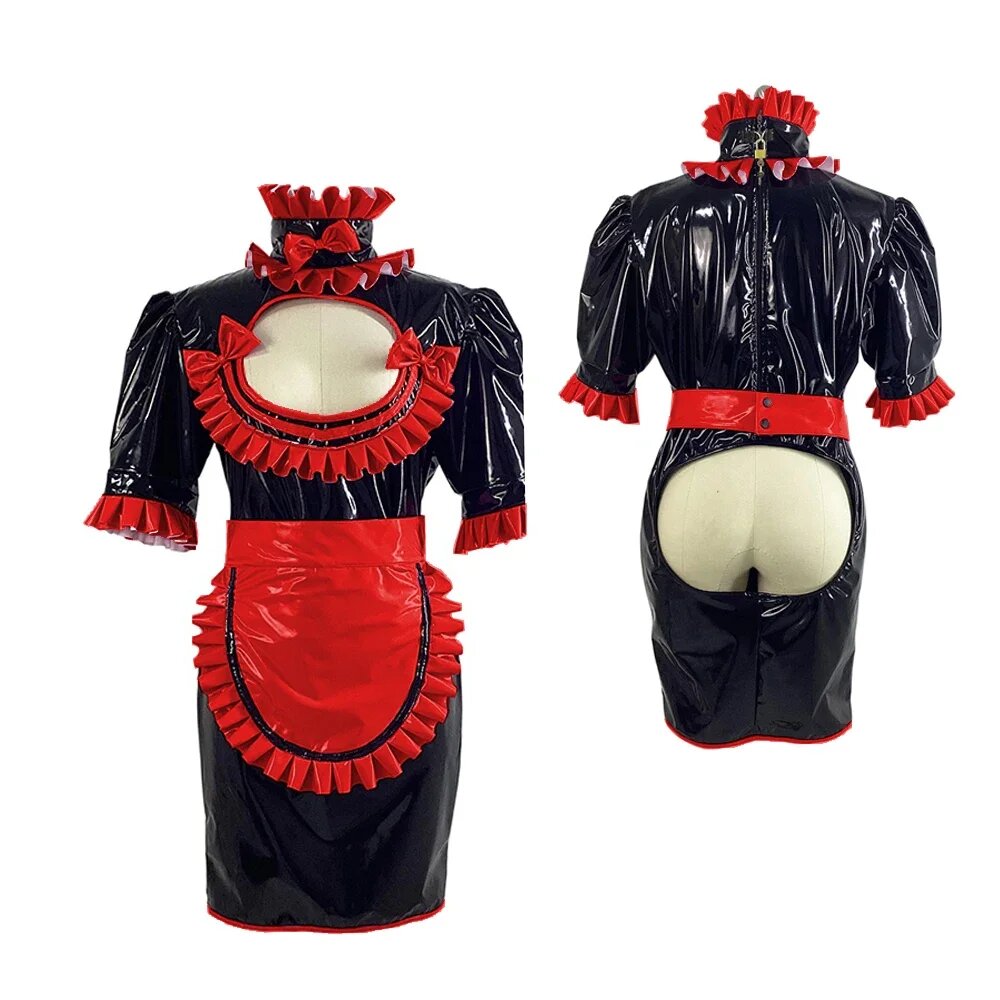 Костюм горничной из ПВХ Anerotic Черный, S, Красный, Красный