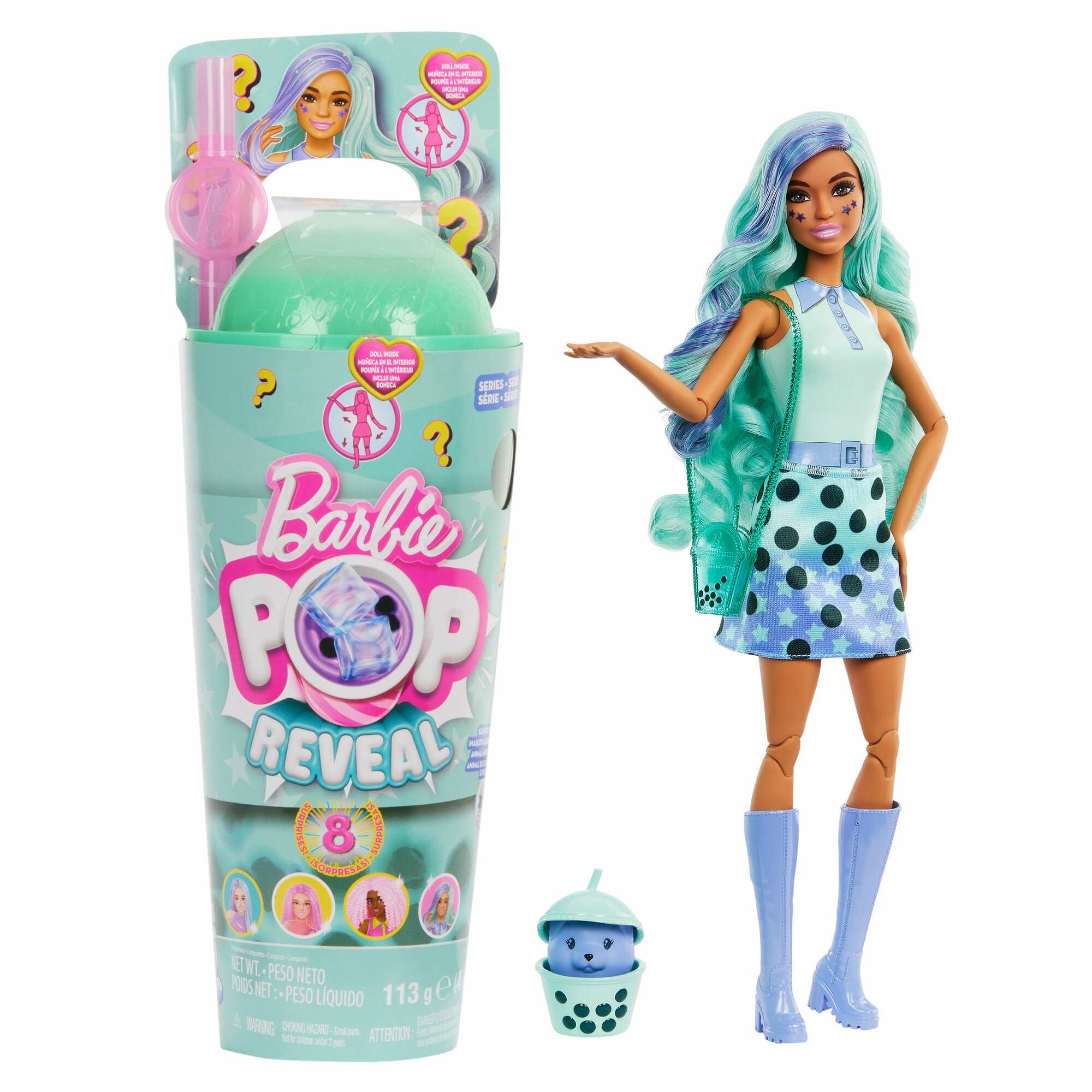 Кукла Barbie Pop Reveal Bubble Tea Fizz, 8 сюрпризов, в том числе питомец, слайм, аромат и изменение цвета