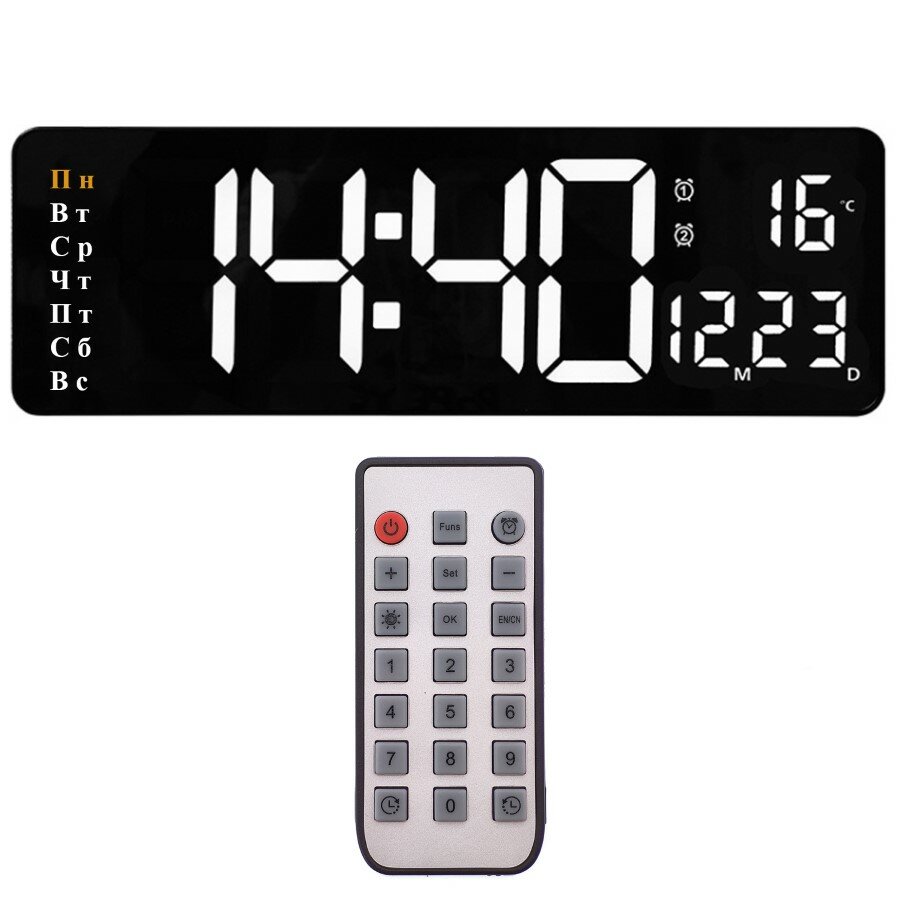 Часы сетевые Орбита OT-CLW19 настенные бел. цифры (дата, температура, будильн, пульт ДУ, 390*130 мм), Орбита
