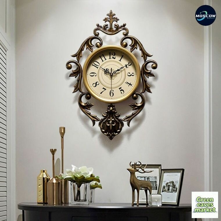 Эксклюзивные большие интерьерные часы настенные в золотом оттенке, стилизованные под старину, с бесшумным механизмом