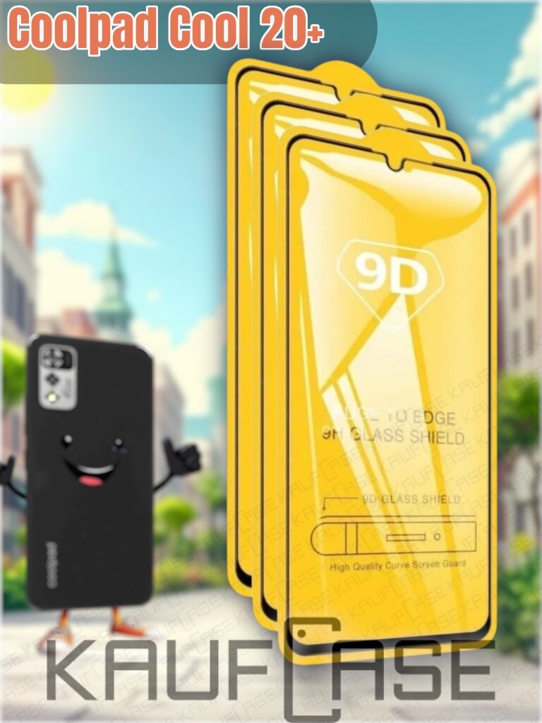 Стекло KaufCase глянцевое, комплект 3 шт для Coolpad Cool 20+ (6.52"), черная рамка. На экран