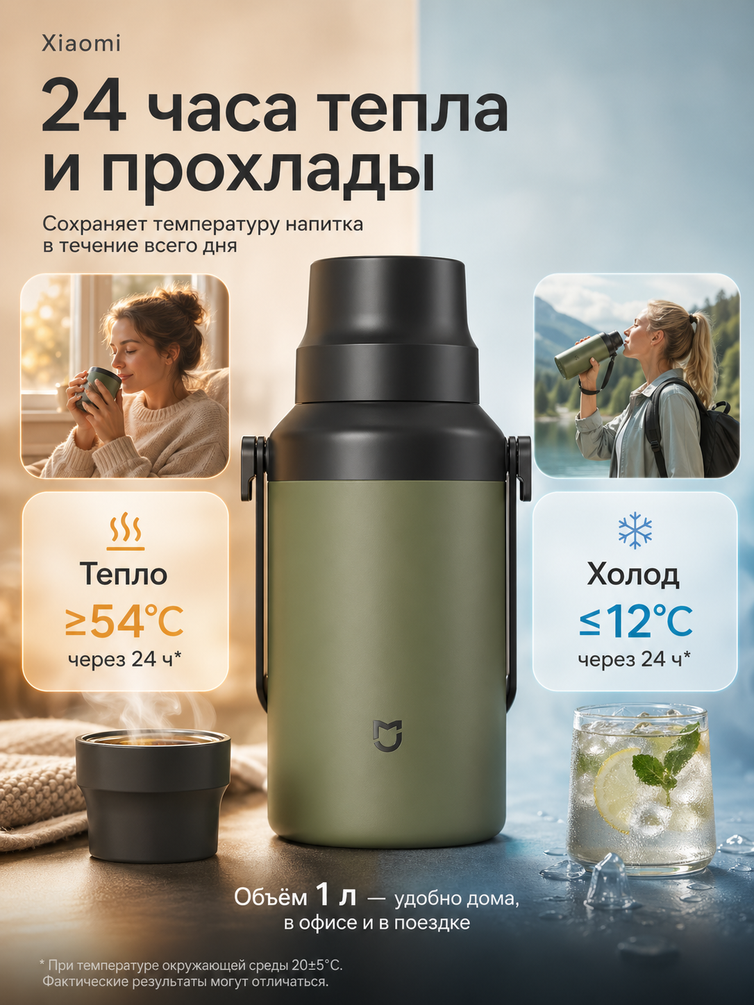 Термос Xiaomi Mijia MJDDB01PL 1 л, оливковый, с чашкой-крышкой, фильтром и ручкой, 316L, сохраняет тепло и холод 24 ч
