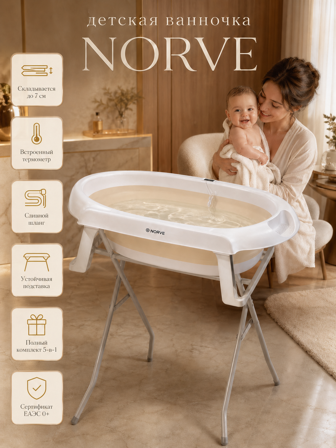 Ванночка детская "Norve" для купания новорожденных и малышей складная с термометром подставкой 50 л и ковшиком в подарок