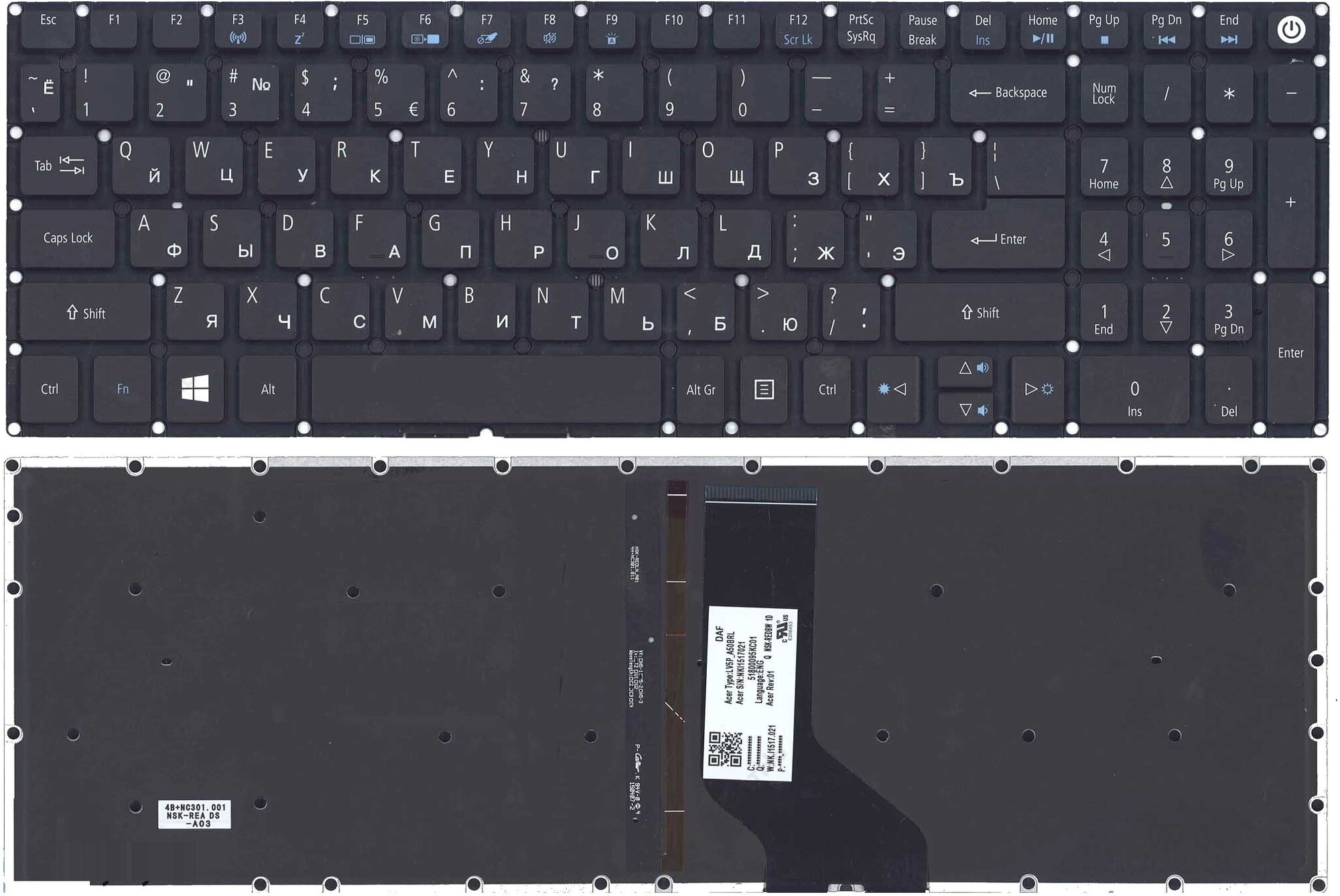 Клавиатура для ноутбука Acer Aspire E5-573, E5-722, F5-571, A315 черная, с подсветкой