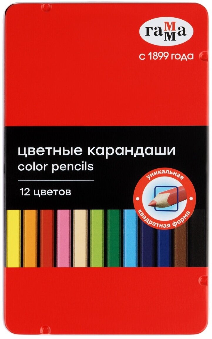 Карандаши цветные Гамма 12 цветов, квадратные, металлический пенал (280620211)