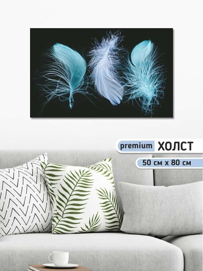 Интерьерная картина "Перья на чёрном фоне", натуральный холст на подрамнике, размер 50х80 см