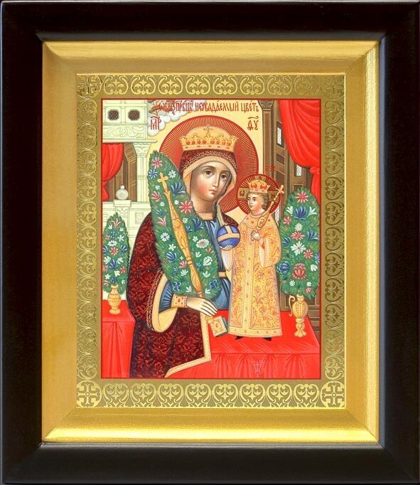 Икона Божией Матери "Неувядаемый Цвет" (лик № 035), в темном деревянном киоте 14,5*16,5 см