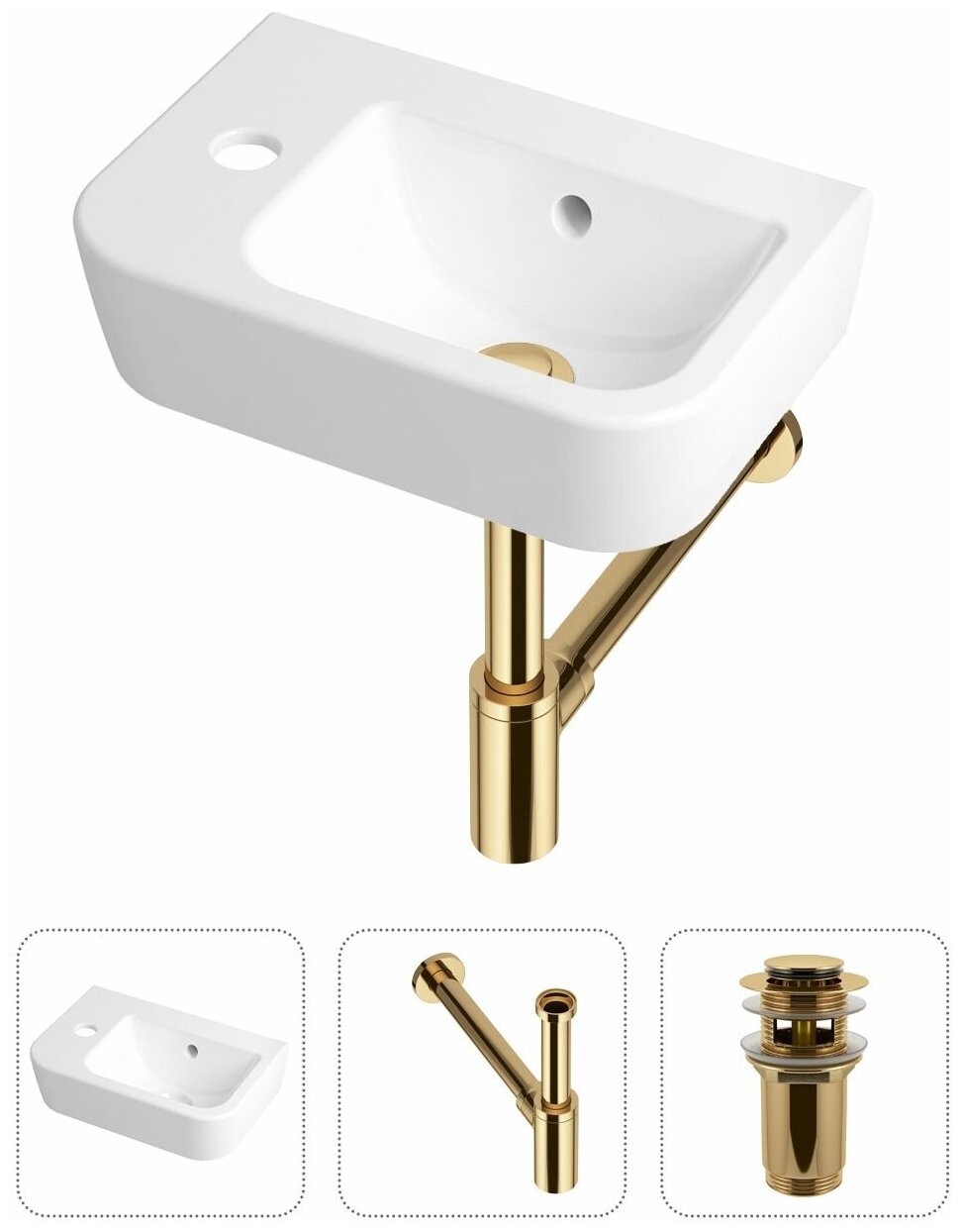 Мини-раковина Lavinia Boho One 21520710 в комплекте 3 в 1: подвесная раковина, донный клапан и сифон золото. Отверстие под смеситель слева