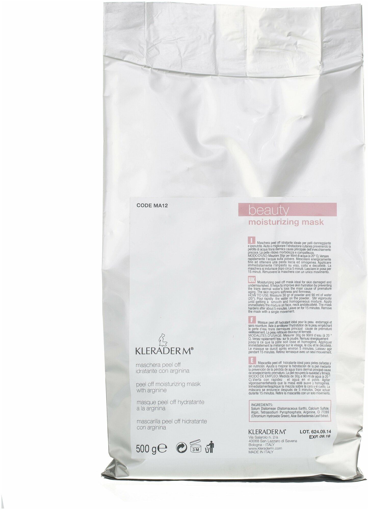 Kleraderm Увлажняющая альгинатная маска с гидратирующим комплексом 500г Клерадерм / Moisturizing peel-off Beauty Mask KLERADERM