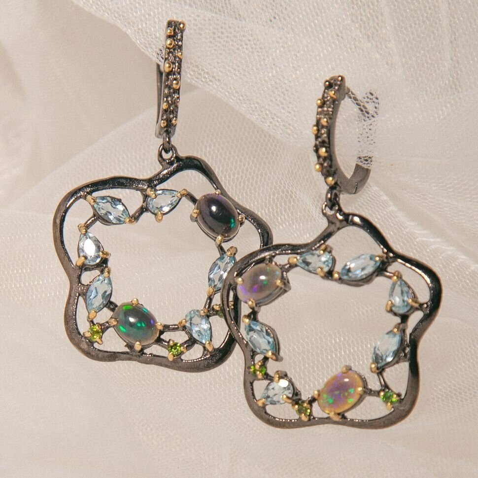 Серьги с подвесками, серебро, 925 проба, золочение, родирование, чернение, опал, топаз, перидот