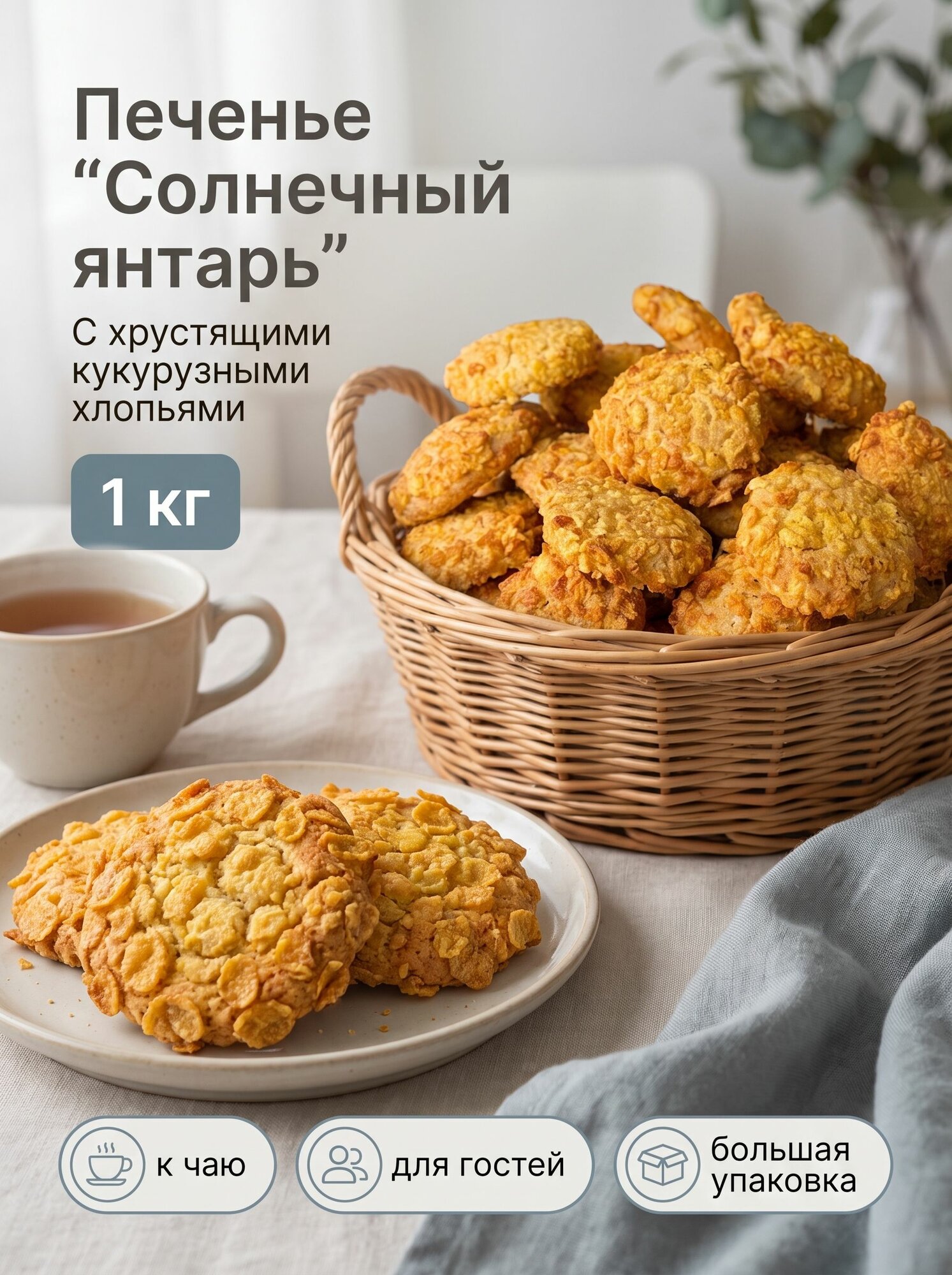 Печенье Элза Солнечный янтарь 1 кг, золотистое сдобное печенье с кукурузными хлопьями, сладости к чаю