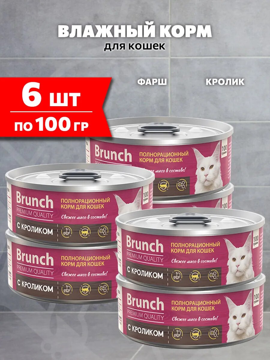 Корм влажный Brunch для взрослых кошек, кролик, 100 г 6 шт