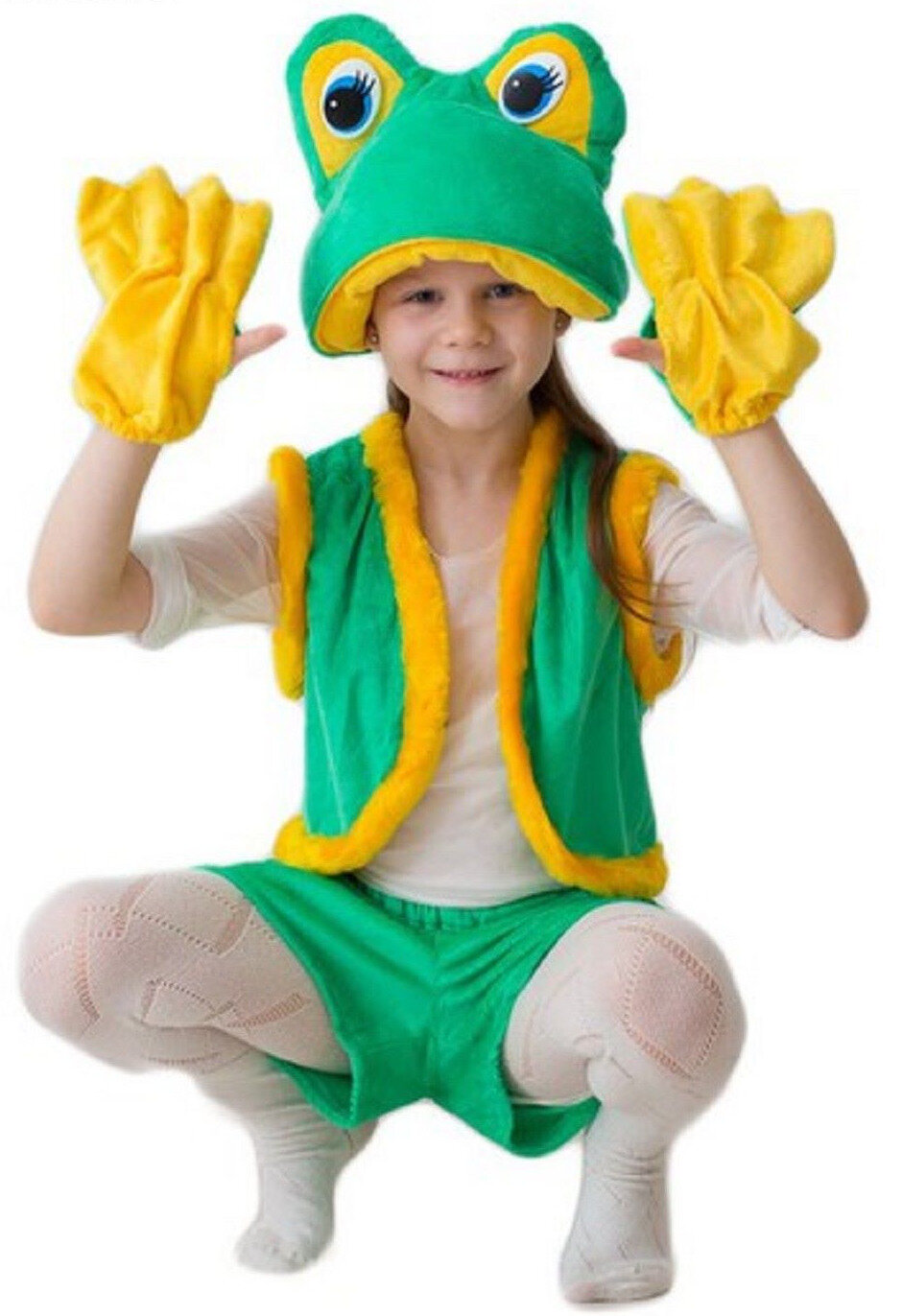 Карнавальный костюм детский "Лягушка-квакушка", праздничный наряд для мальчика и девочки (шапка, жилет, шорты, перчатки), 3-5 лет, рост 104-116 см