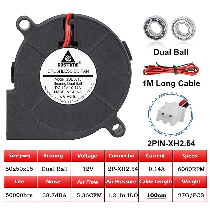 Gdstime 5015 12V 2Ball Вентилятор 1M Cable 2шт