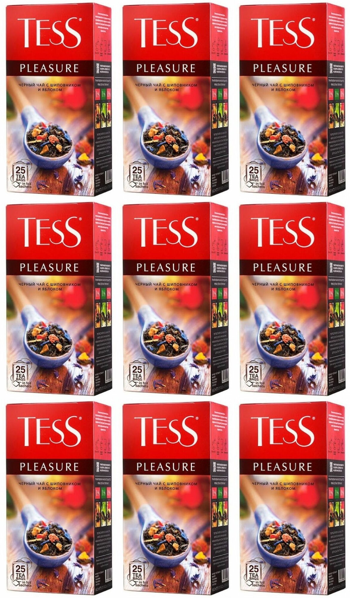 Tess Чай черный байховый Pleasure, с шиповником и яблоком, 25 пакетиков, 9 уп