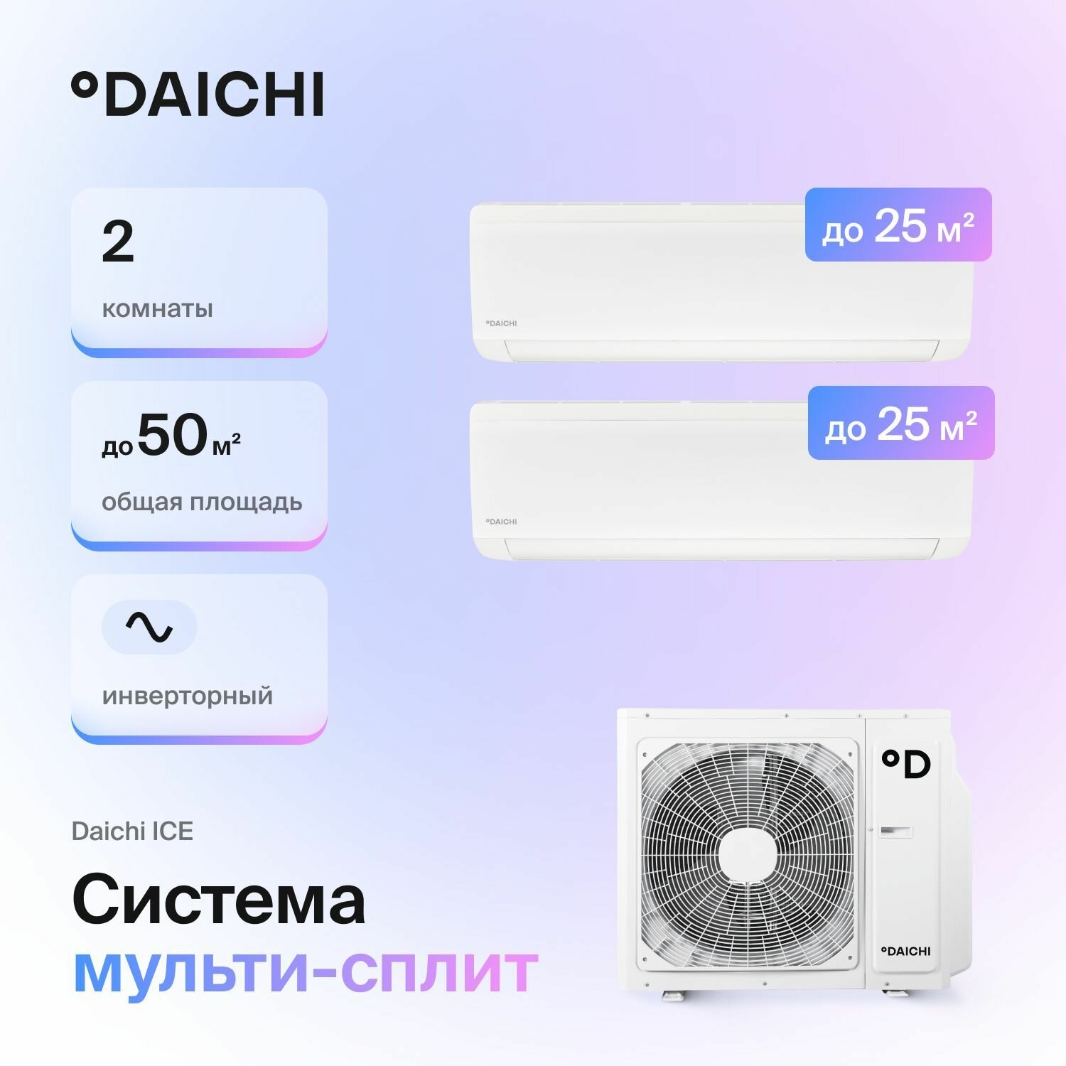 Инверторная мульти сплит-система на 2 комнаты (25м2+25м2) Daichi DF50A2MS1R/ICE25AVQS1R-1*2