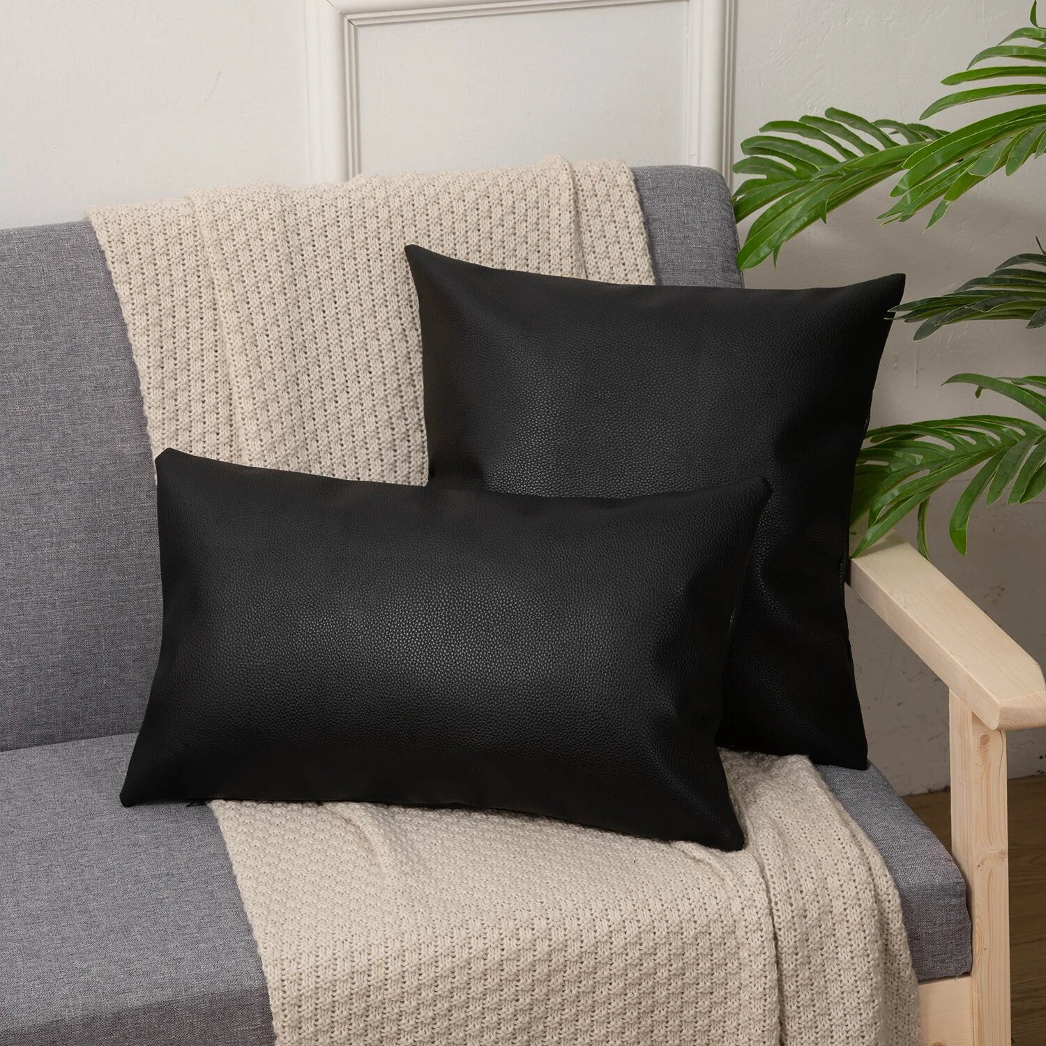 Декоративная подушка из искусственной кожи Черный, 30X50CM-pillow cover, Black-litch stria