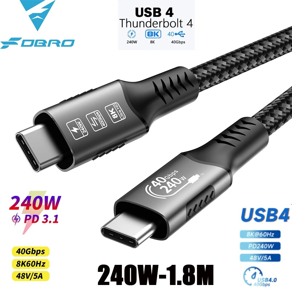 Тип C Thunderbolt 4 Кабель 40 Гбит/с 8K 60 Гц Стандарт USB4 USB C PD3.1 QC4.0 240 Вт Быстрая зарядка для Huawei Iphone 15 Macbook Pro 240W-1.8M