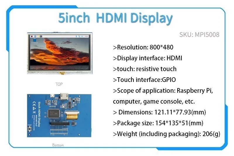5" HDMI дисплей с тачскрином, 800x480, GPIO