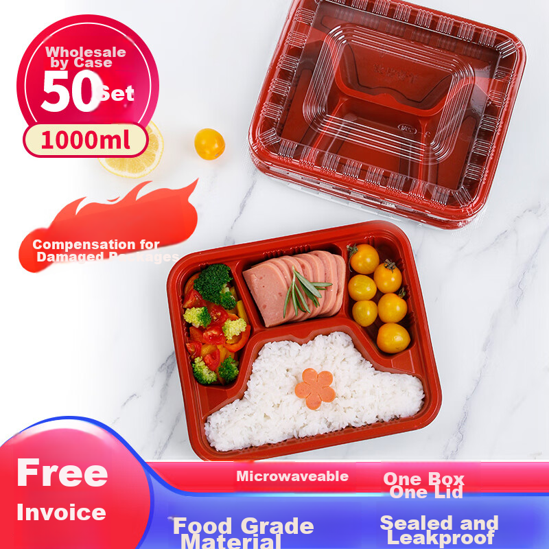 Youao Disposable Food Containers, Four Compartments, 1000ml*50 Sets, Takeout Boxes, Fast Food Containers with Lids, Divided Meal Boxes