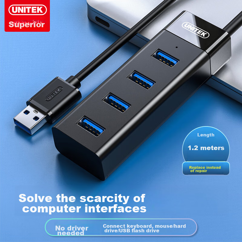 Youyuezhe USB Hub Splitter, 1 Meter Extended Cable, 3.0 High-Speed 4-Port Hub, One-To Multi-Port USB Expansion Dock, Laptop Expansion Dock Converter, Y-3098BBK