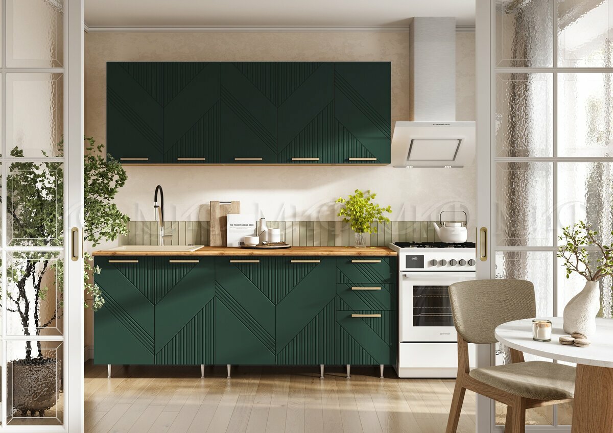 Кухня Миф Ирис 2,0м (490) Браш Мени Грин, Дуб Крафт/ столешница Дуб вотан