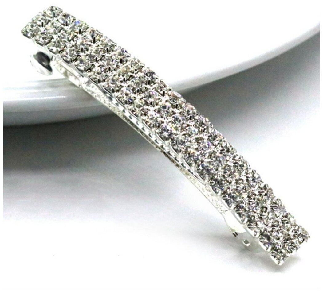 Французская весенняя заколка-автомат для волос. Со стразами в три ряда. Цвет серебро.