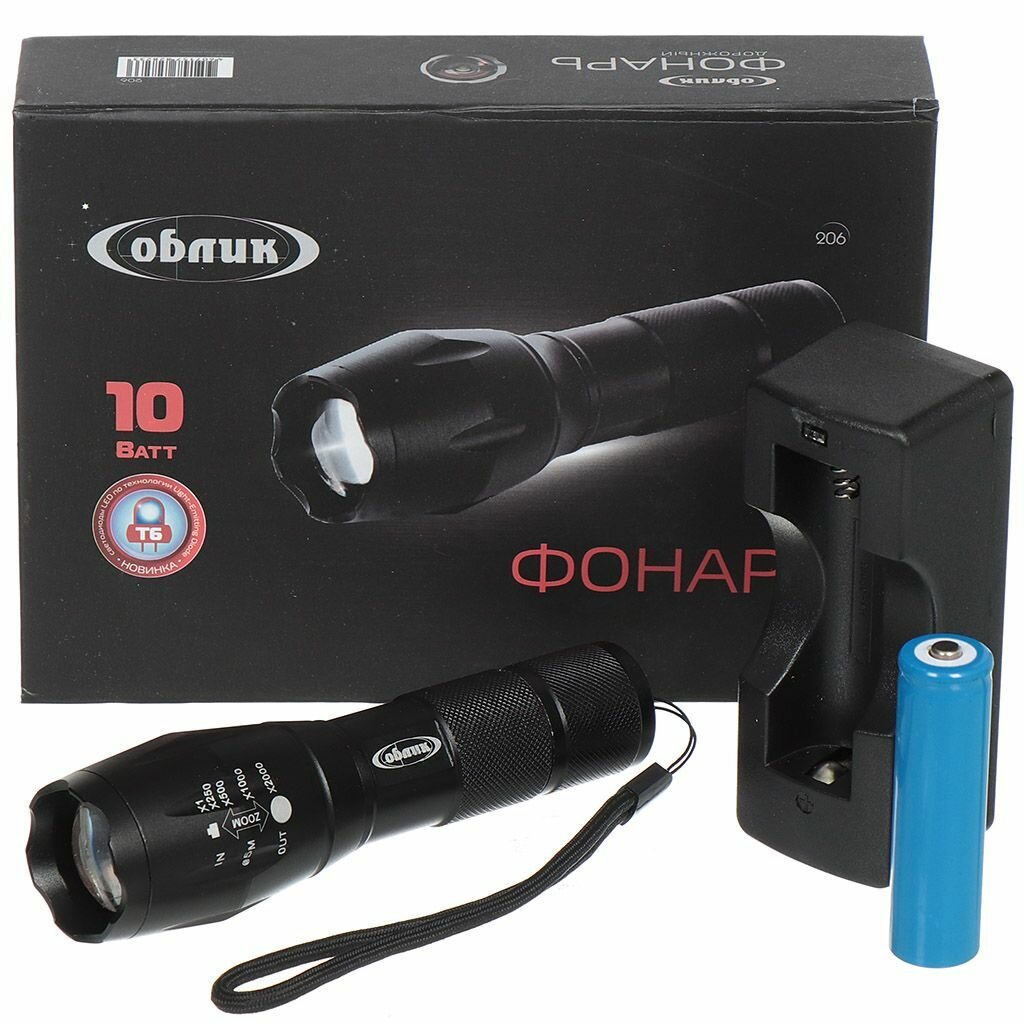 Фонарь ручной, встроенный аккумулятор, Облик, 206, зарядка от сети 220 В, пластик, 10 Ватт, Zoom, УТ-00000398
