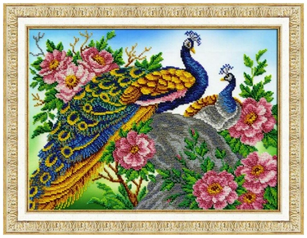 Набор для вышивания Паутинка #Б-1450 Павлины, Вышивка бисером, 38 x 28 см