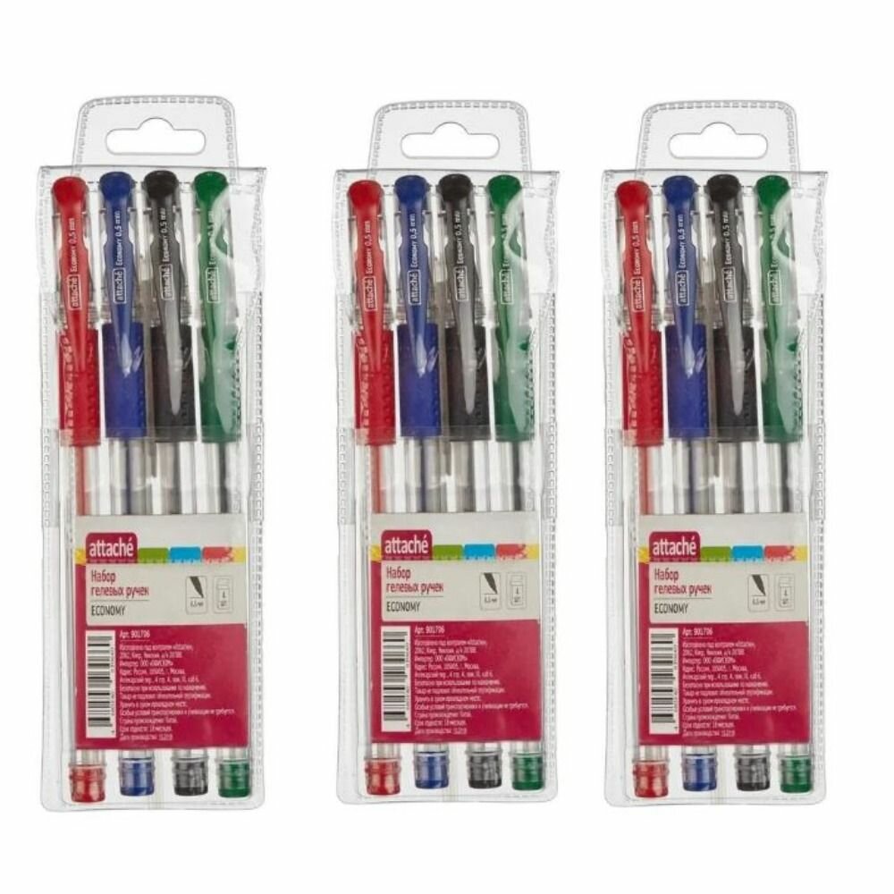 Attache Economy Набор гелевых ручек 4цвета, 0,5мм, манжетка, 3 уп.