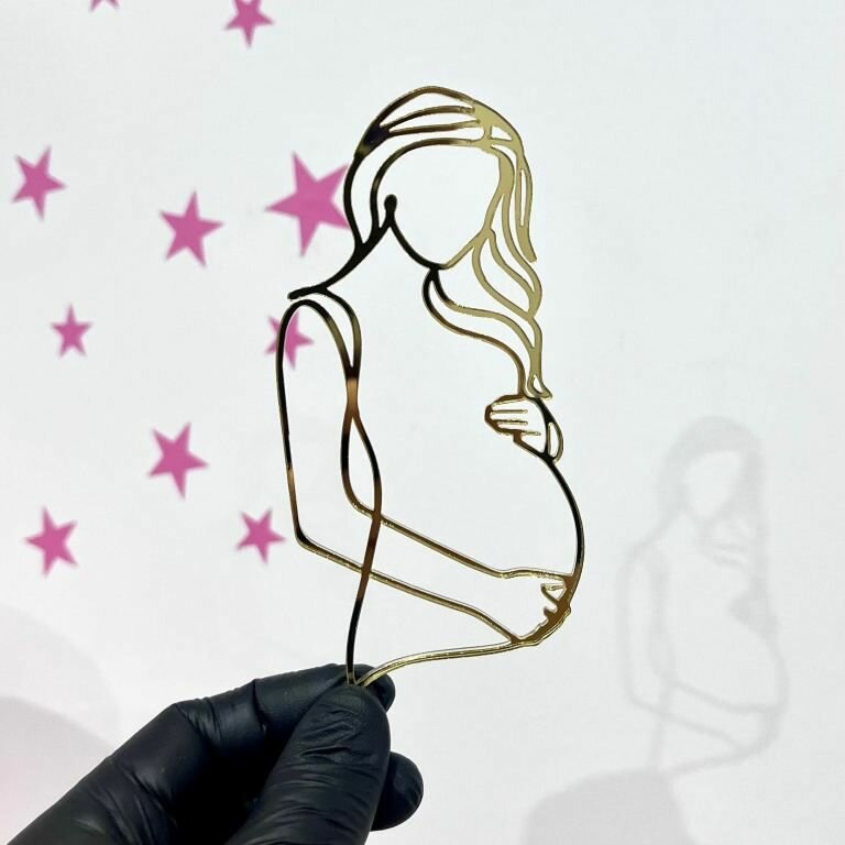 Топпер для торта Силуэт беременной девушки/ узнать пол малыша, сообщить о беременности золотой зеркальный акрил