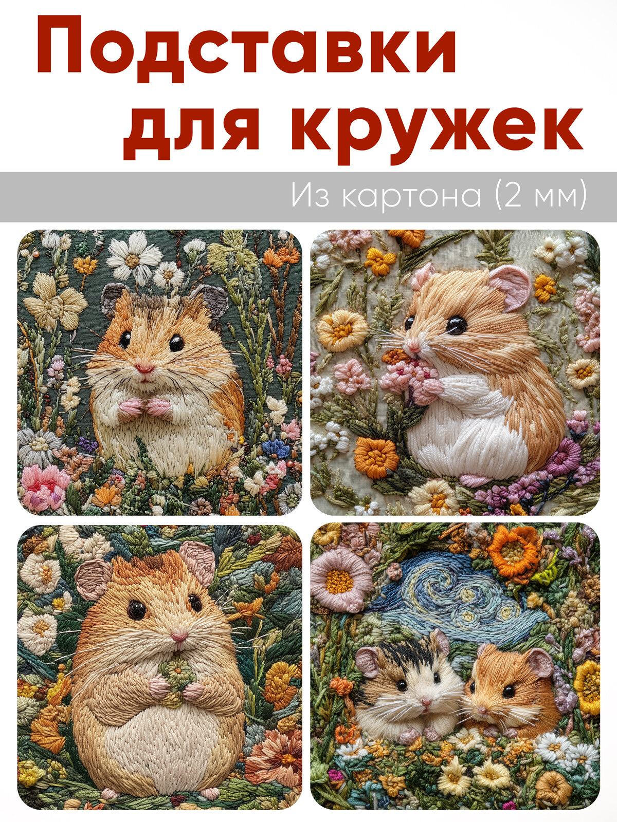 Подставки для кружек Вышитые истории Хомячки , 4 шт (10 х 10 см), картон