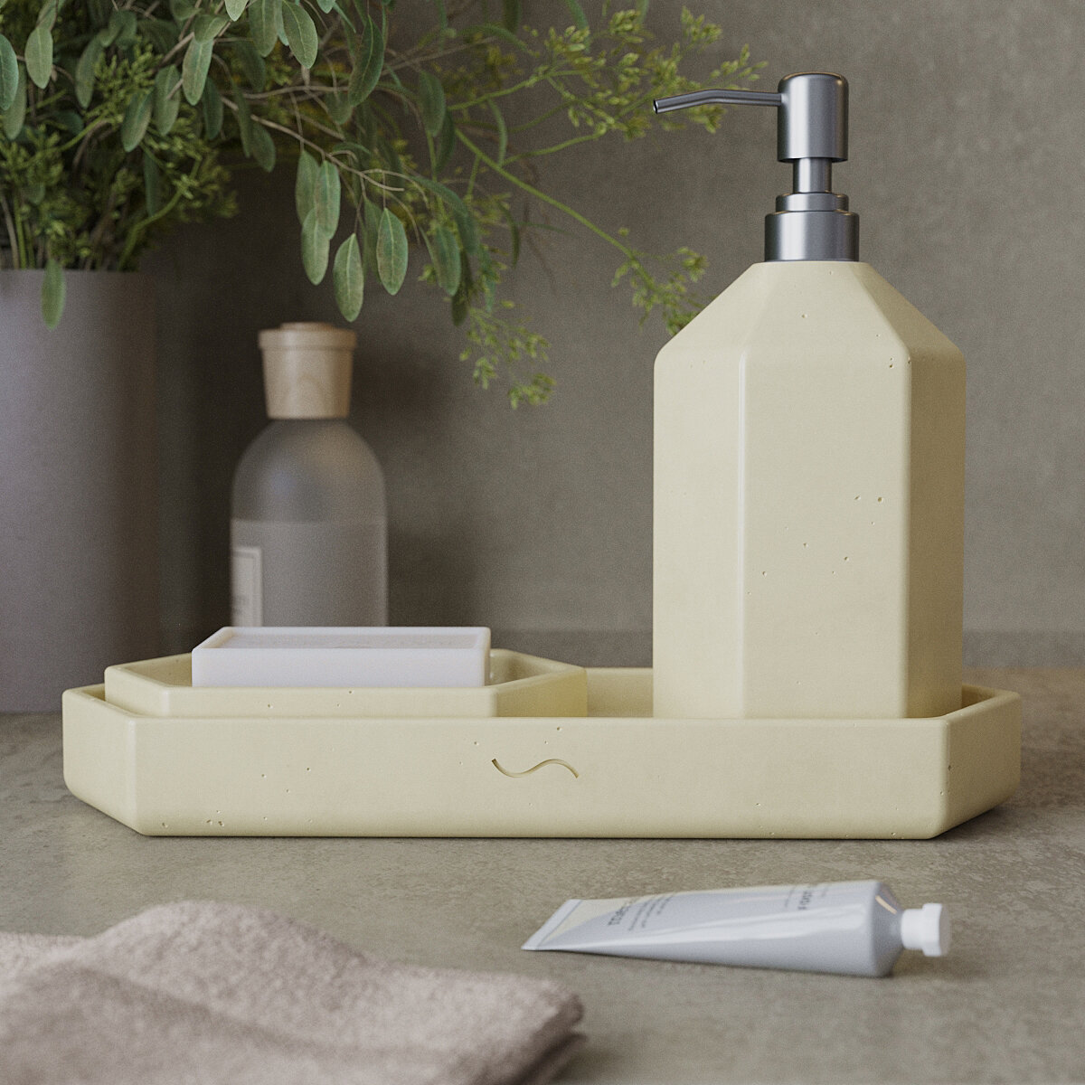 Набор для ванной комнаты Sakura 05 (мыльница, дозатор для жидкого мыла, поднос), бетон, кремовый глянцевый
