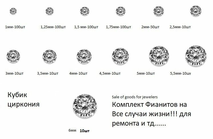 Комплект фианитов Все размеры от1мм до 6мм 530 шт. (Фианитовая мечта)